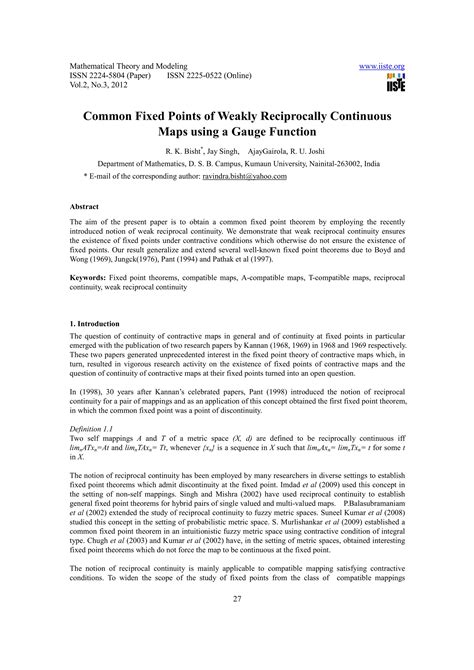 Common Fixed Points Of Weakly Reciprocally Continuous Maps Using A Gauge Function Pdf Maps