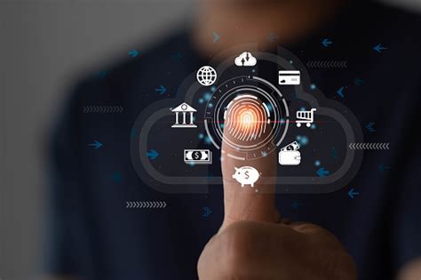 개인 금융 데이터에 액세스하기위한 생체 인식 지문 스캐너의 미래 지향적 인 디지털 처리 디지털 프로그램의 감시 및 보안 스캐닝 사이버 미래 응용 프로그램 지문에 대한 스톡