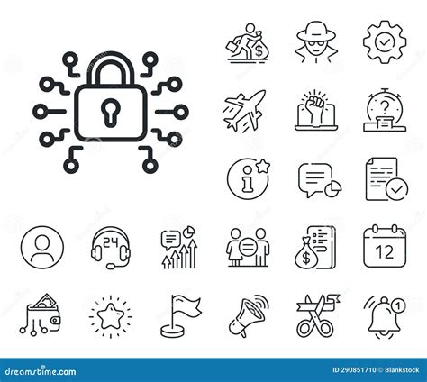 Security Lock Line Icon Cyber Defence Sign Salaryman Gender Equality And Alert Bell Vector