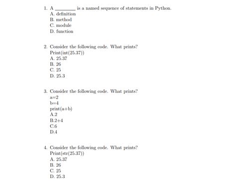 Solved 1 A Is A Named Sequence Of Statements In Python A