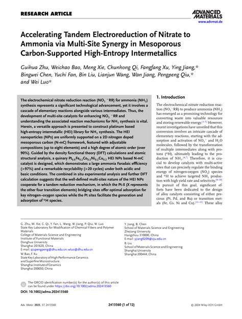 Accelerating Tandem Electroreduction Of Nitrate To Ammonia Via Multi‐site Synergy In Mesoporous