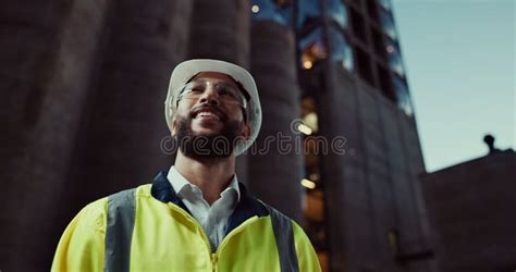 engineer man and thinking outdoor in city at night with a solution