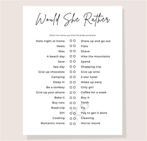 Would You Rather Game Would She Rather Bridal Shower Game Wedding