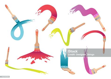 다른 색상의 페인트로 페인트 브러시 다채로운 드로잉 브러시 세트 예술의 페인트 템플릿 벡터 손으로 그린 그림 흰색 벽 위에 페인트를 남기는 고립 된 플랫 브러시 개념에 대한