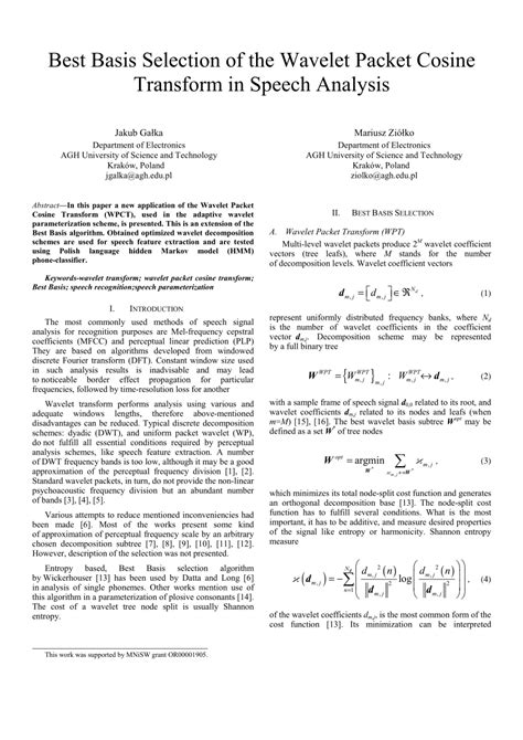 Pdf Best Basis Selection Of The Wavelet Packet Cosine Transform In