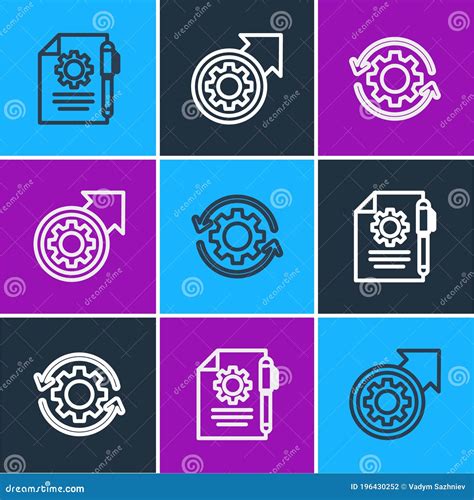 Set Line Document Settings And Pen Gear Arrows As Workflow And Process Icon Vector Stock