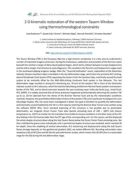 Pdf 2 D Kinematic Restoration Of The Western Tauern Window Using