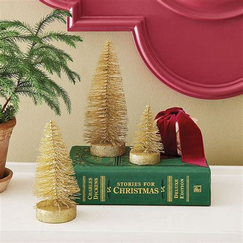 Gold Glitter Bottle Brush Christmas Trees Holiday Decor Set Of 3