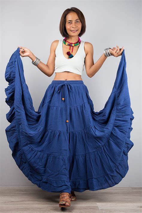 Tiered Peasant Maxi Skirt Long Skirt Women Double Gauze Blue Indigo