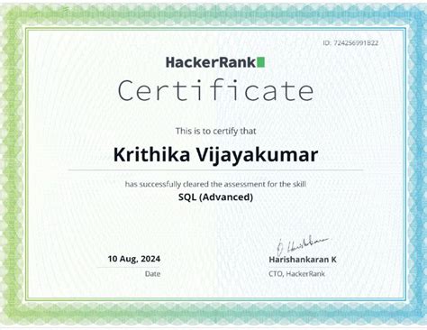 My 5🌟 Badge And Sql Advanced Certificate From Hackerrank Krithika Vijayakumar Posted On The