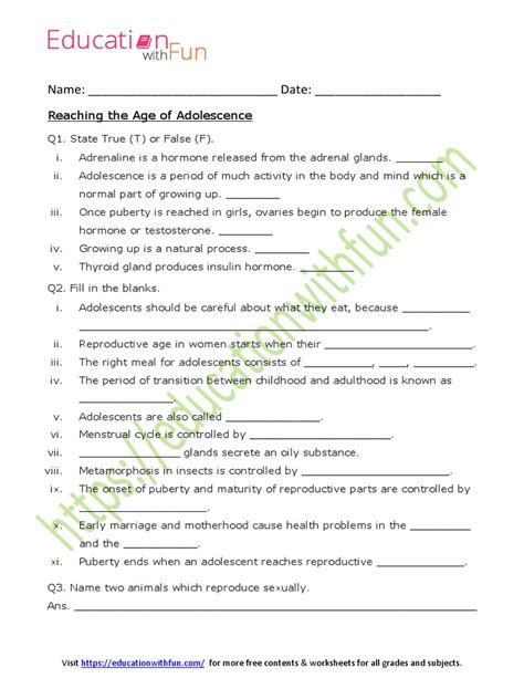 Reaching The Age Of Adolescence Worksheet 1 Download Free Pdf