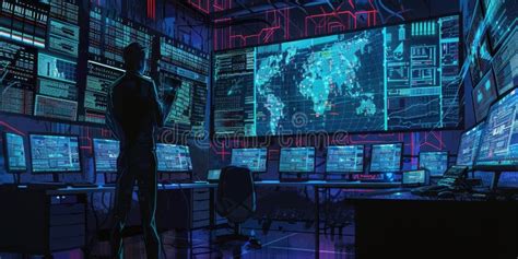 A Hacker In A Dark Room With Multiple Screens Displaying Code And A World Map Stock Illustration