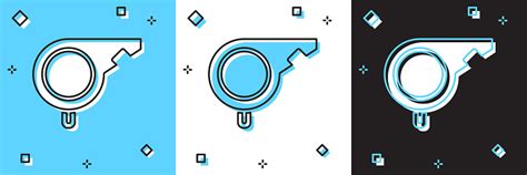 파란색과 흰색 검은 색 배경에 격리 된 휘파람 아이콘을 설정합니다 심판 기호 피트니스 및 스포츠 표지판 벡터