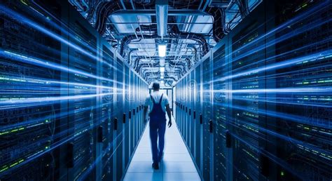 Server Room Technician Walking Through Data Center Stock Illustration Illustration Of