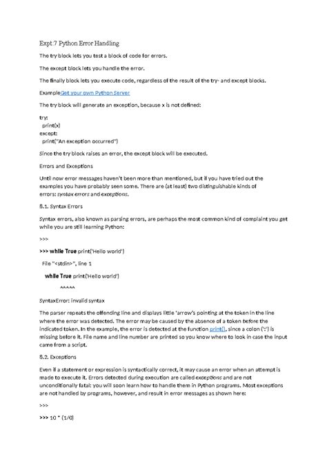 Experiment 7 Python Error Handling Techniques Studocu