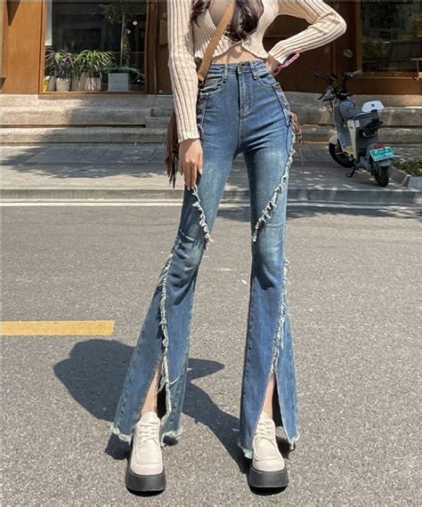 봄 여름 가을 추천 봄 여름 신상 수술 리본 스판 청바지 부츠컷 팬츠