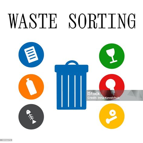 폐기물 용기를 설정합니다 재활용 가능한 자재를 위한 평평한 용기 폐기물 을 분류하기위한 쓰레기통 바구니 및 쓰레기 벡터 일러스트레이션의 종류 개념에 대한 스톡 벡터 아트 및