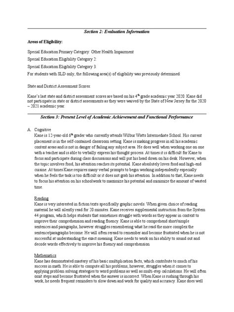 Plaafp For Iep Pdf Special Education Reading Comprehension