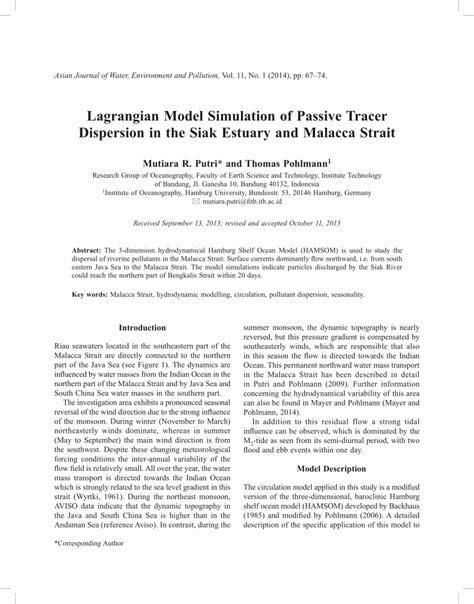 Pdf Lagrangian Model Simulation Of Passive Tracer Dispersion In The Siak Estuary And Malacca