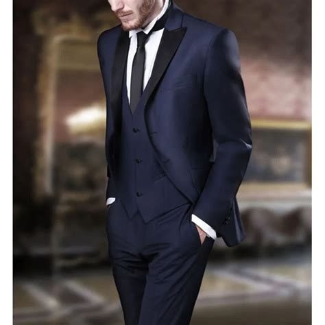 New Groomsmen Peak Black Lapel Groom Tuxedos Mens Suits 2017 Dark Blue Wedding Men Suit Terno