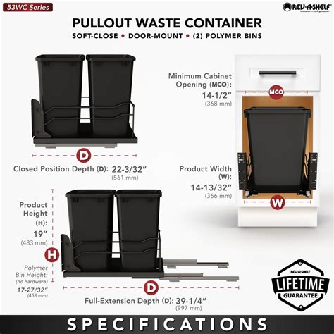 REV A SHELF INC Double 35 Quart Bottom Mount Waste Container Black Rev A Shelf 53WC 1835SCDM 218