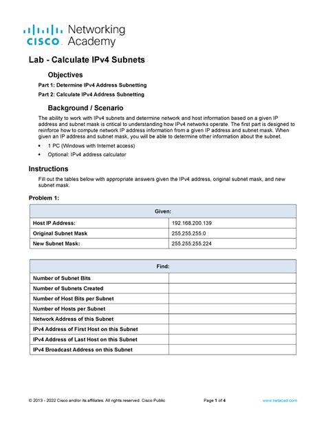 1166 Lab5 Calculate Ipv4 Subnets Objectives Part 1 Determine