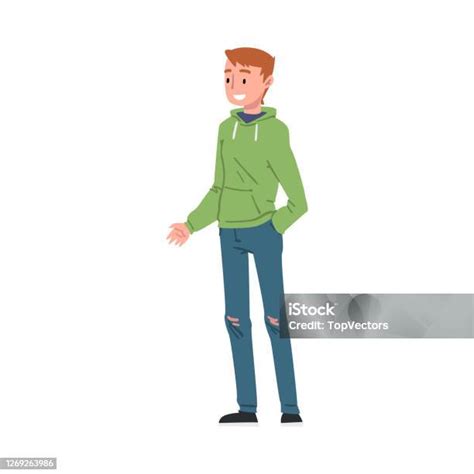 스웨트셔츠와 찢어진 청바지 여학생 학생 동급생 또는 친구 긍정적 인 캐릭터 만화 스타일 벡터 일러스트를 입고 미소 짓는 십대 소년 교육에 대한 스톡 벡터 아트 및 기타