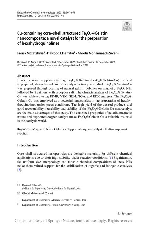 Cu Containing Coreshell Structured Fe O Gelatin Nanocomposite A Novel Catalyst For The