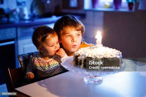 첫 번째 생일을 축하하는 귀여운 아름다운 어린 아기 소녀 아이와 아이 형제 소년은 실내 집에서 만든 구운 케이크에 하나의 촛불을 불고 함께 생일을 축하하는 행복한 두 아이