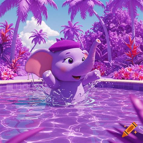 A Cute Purple Elephant Wearing A Beret Splashes In A Purple Pool On
