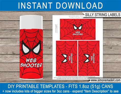 Spiderman Web Shooter Silly String Labels Superhero Party Instant