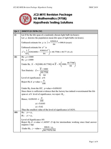 h2 mye revision package hypothesis testing solutions pdf p value