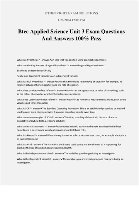 Btec Applied Science Unit 3 Exam Questions And Answers 100 Pass BTEC Stuvia UK