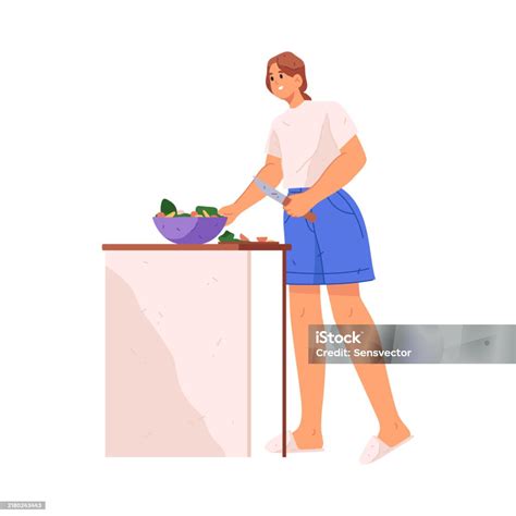 여성의 일상과 집안일 집에서 요리하는 고립된 여성 벡터 평면 만화 캐릭터 준비 샐러드 도마와 식사 재료가 있는 주방 카운터 요리하기 음식 준비에 대한 스톡 벡터 아트 및