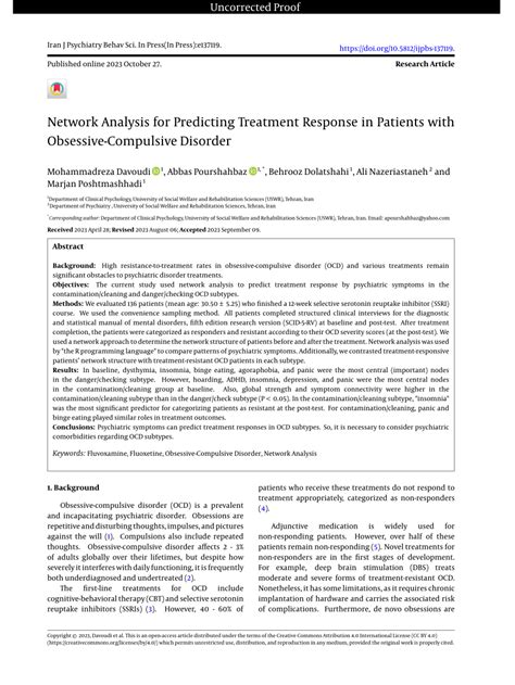 Pdf Network Analysis For Predicting Treatment Response In Patients With Obsessive Compulsive