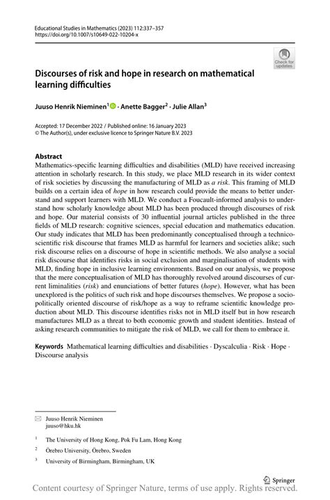 Discourses Of Risk And Hope In Research On Mathematical Learning Difficulties Request Pdf