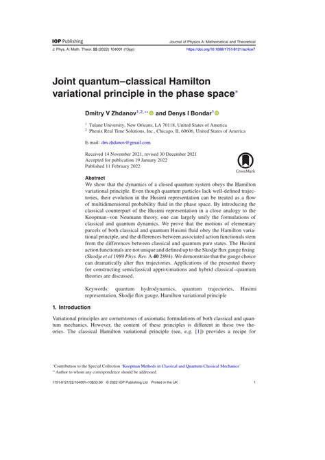 Joint Quantum Classical Hamilton Variational Principle In The Phase Space Request Pdf