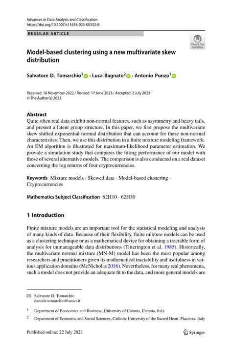 Pdf Model Based Clustering Using A New Multivariate Skew Distribution