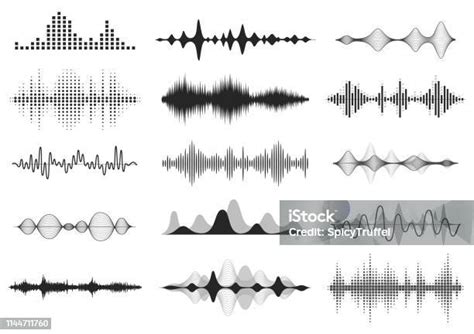 검은 음파 음악 오디오 주파수 음성 선 파형 전자 무선 신호 볼륨 레벨 기호 벡터 라디오 웨이브 세트 음파에 대한 스톡 벡터 아트 및 기타 이미지 Istock