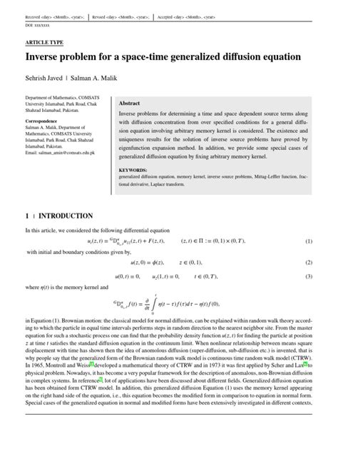 Inverse Problem For A Space Time Generalized Diffusion Equation Pdf Diffusion Inverse Problem