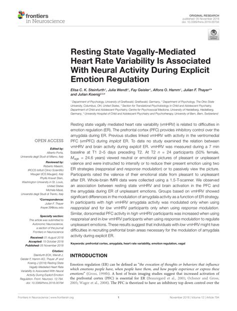 Pdf Resting State Vagally Mediated Heart Rate Variability Is Associated With Neural Activity
