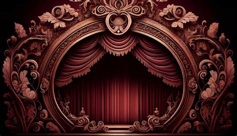 드레이프 콘서트 또는 영화관 그랜드 오프닝이 있는 스포트라이트 극장 오페라 장면이 있는 빈 빨간색 커튼 무대 나무 바닥