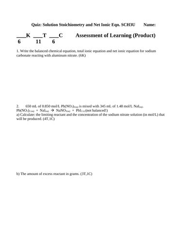 Solution Stoichiometry Chemistry Quiz And Net Ionic Equation Quiz With Answers 14 Teaching