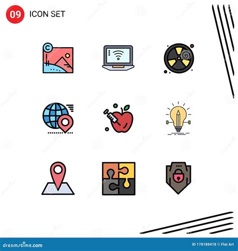 Pictogram Set Of Simple Filledline Flat Colors Of Location Map Burn Earth Float Stock