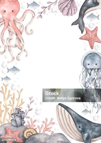바다 고래 문어 해파리 불가사리가 있는 수채화 손으로 그린 프레임 물고기 해초 산호 조개 및 거품 수중 세계의 동식물 바다를 테마로 한 템플릿 카드입니다 아이들을 위한