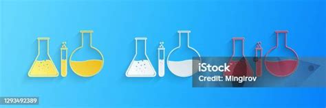 종이 컷 테스트 튜브 및 플라스크 파란색 배경에 고립 된 화학 실험실 테스트 아이콘 실험실 유리 제품 기호 종이 아트 스타일 벡터 0명에 대한 스톡 벡터 아트 및 기타