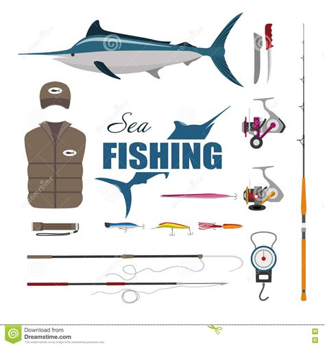 Set Items Fisherman Sea Fishing Stock Vector Illustration Of Lure