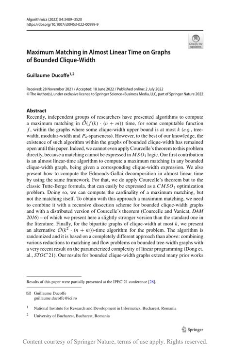 Maximum Matching In Almost Linear Time On Graphs Of Bounded Clique Width Request Pdf