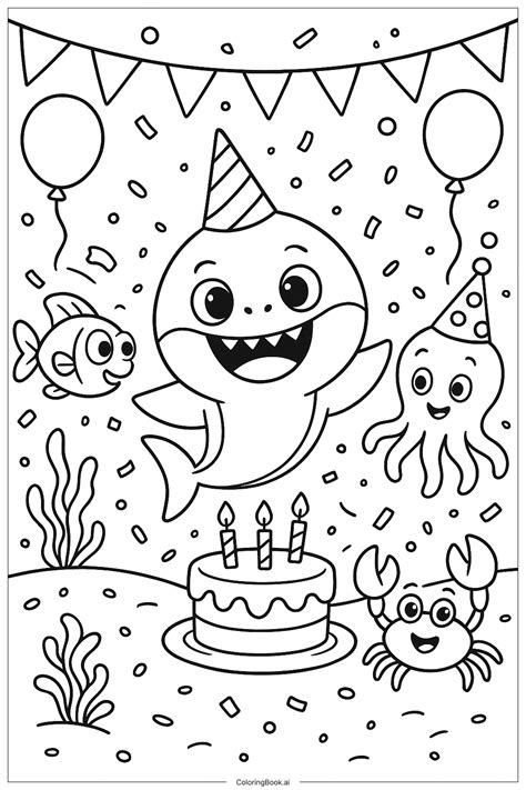 아기 상어와 친구들의 생일 파티 색칠하기 페이지 무료 Pdfandpng 인쇄 가능