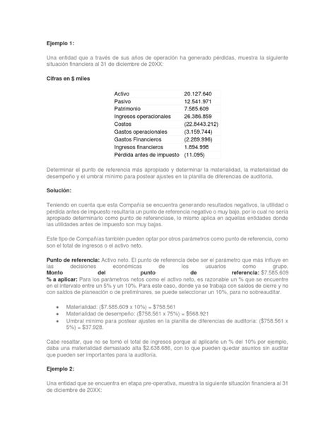 Ejemplos Materialidad Pdf Auditoría Planificación